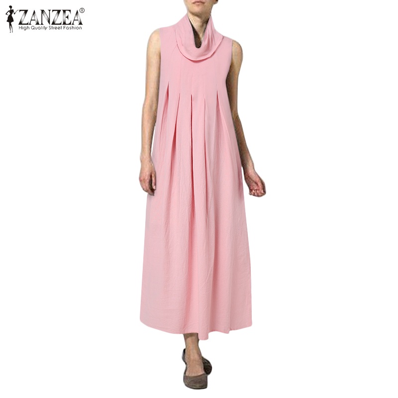 Zanzea Women Casual Loose Sleeveless Cotton O Neck Solid Color Dress