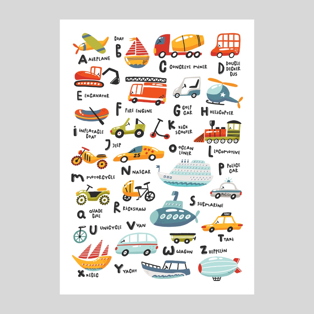 A4 or A3 Kids Transportation Collection, Educational Chart Poster for ...