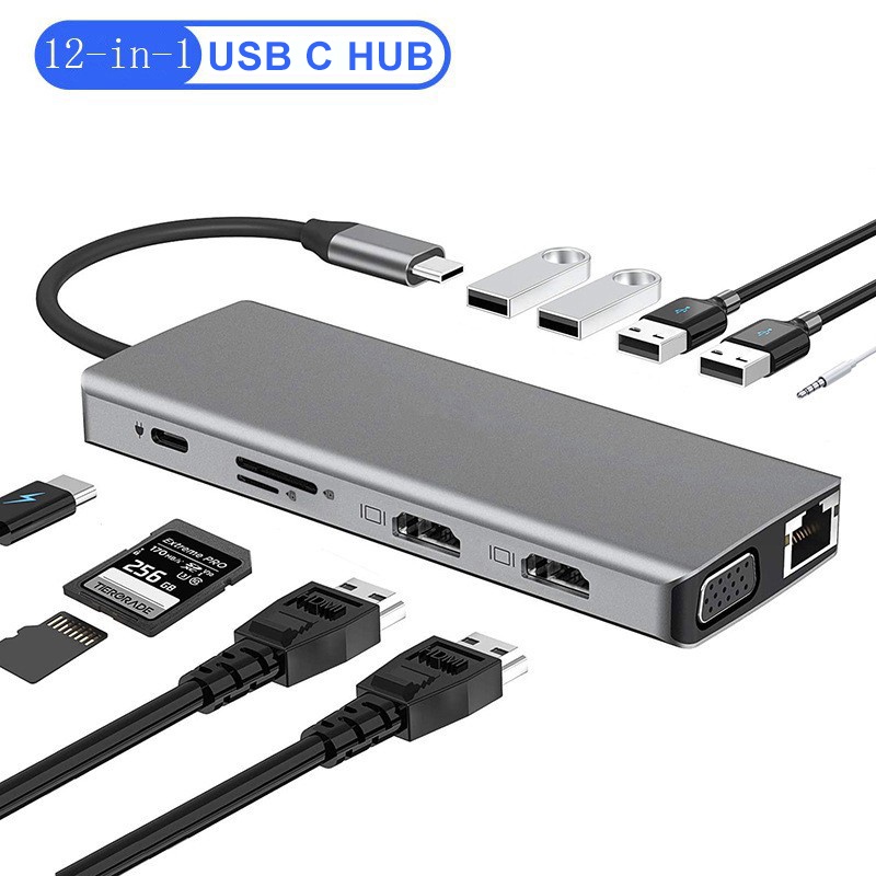 12in1 Type c Docking Station USB C HUB Type-c to Dual HDMI 4k VGA RJ45 ...