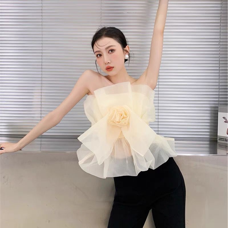 Summer 2022 Flower Tube Top French off-Shoulder Gauzy Chiffon Blouse ...