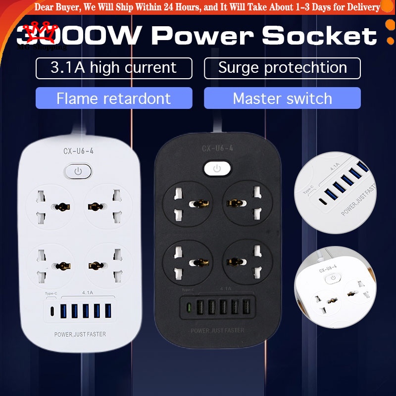 Power Socket Extension Power Strip With 4 Socket&5 USB&1 Type-C 2/4m ...