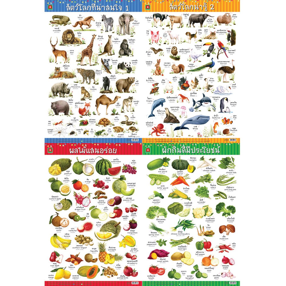 Aksara for kids Shadow Poster Set 1 (Vegetables Fruits Animals 4 Sheets ...