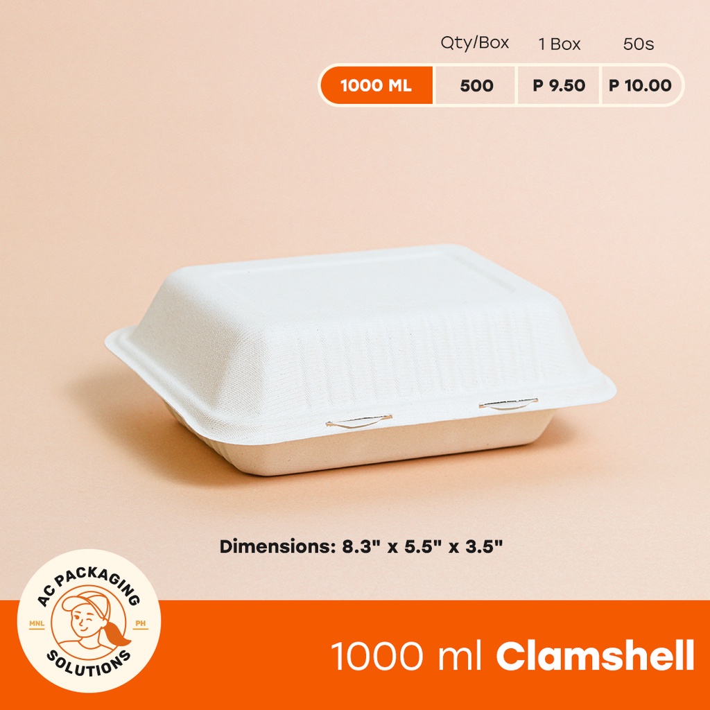 (50 pcs) Clamshell Meal Box 1000 ml Sugarcane Bagasse Container 100% Compostable | Shopee ...
