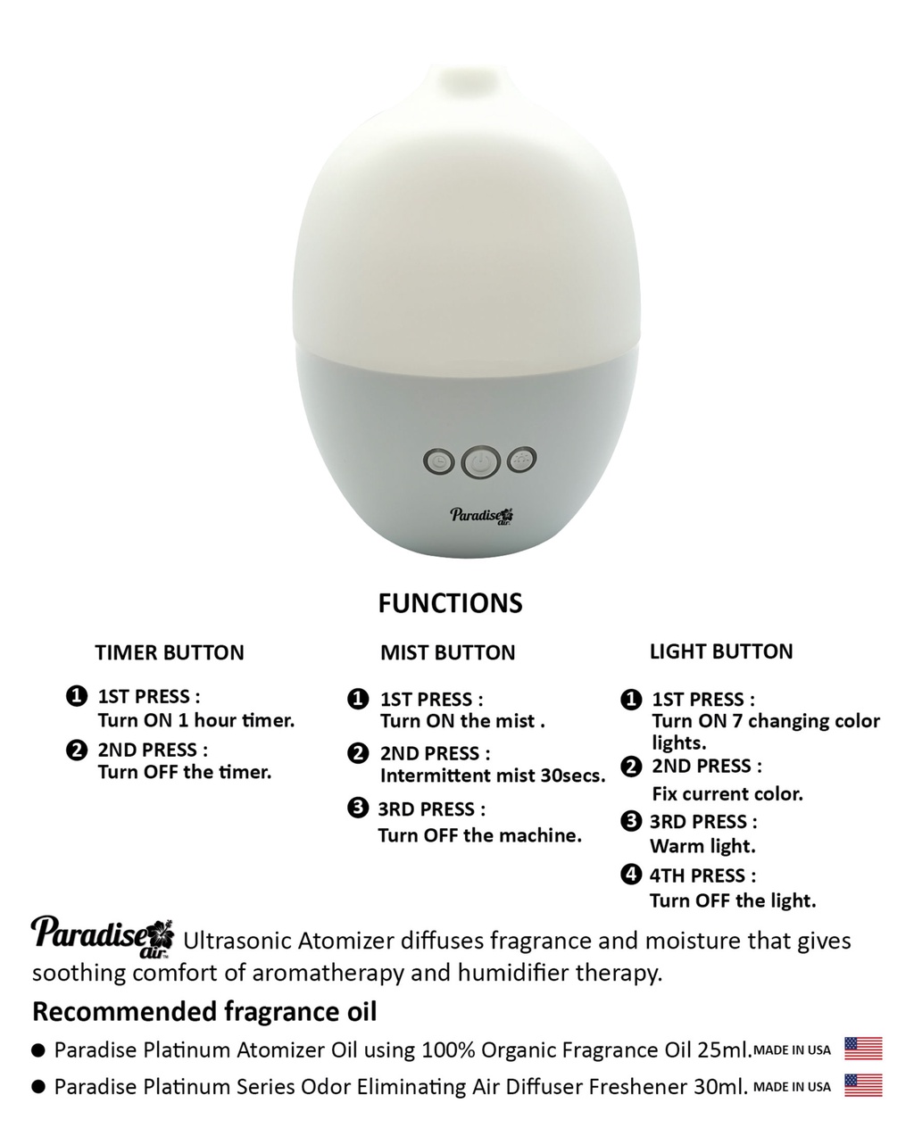 Paradise Air 5in1 Ultrasonic Aroma Diffuser and Humidifier Odor ...