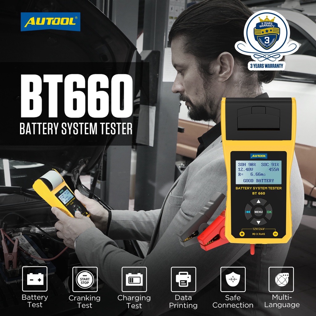 AUTOOL 12V/24V Car Battery Tester With Printer GEL EFB Load Tester ...