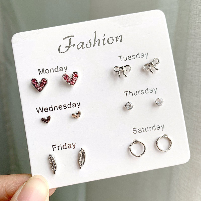 6 Pairs One-week Fashion Earrings Set / Cute Korean Pearl Crystal Ins ...