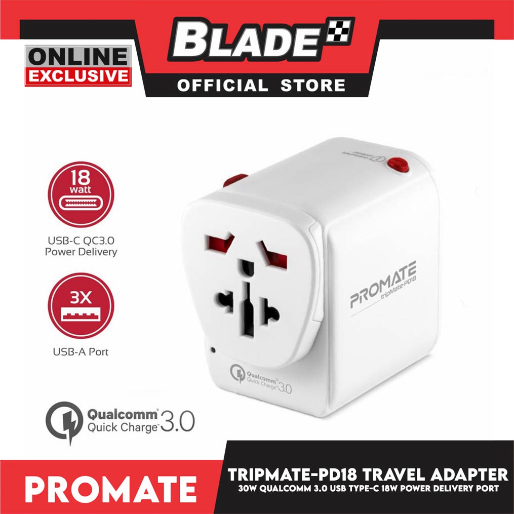 Promate Grounded Travel Adapter World's First TripMate-PD18 18W (White ...
