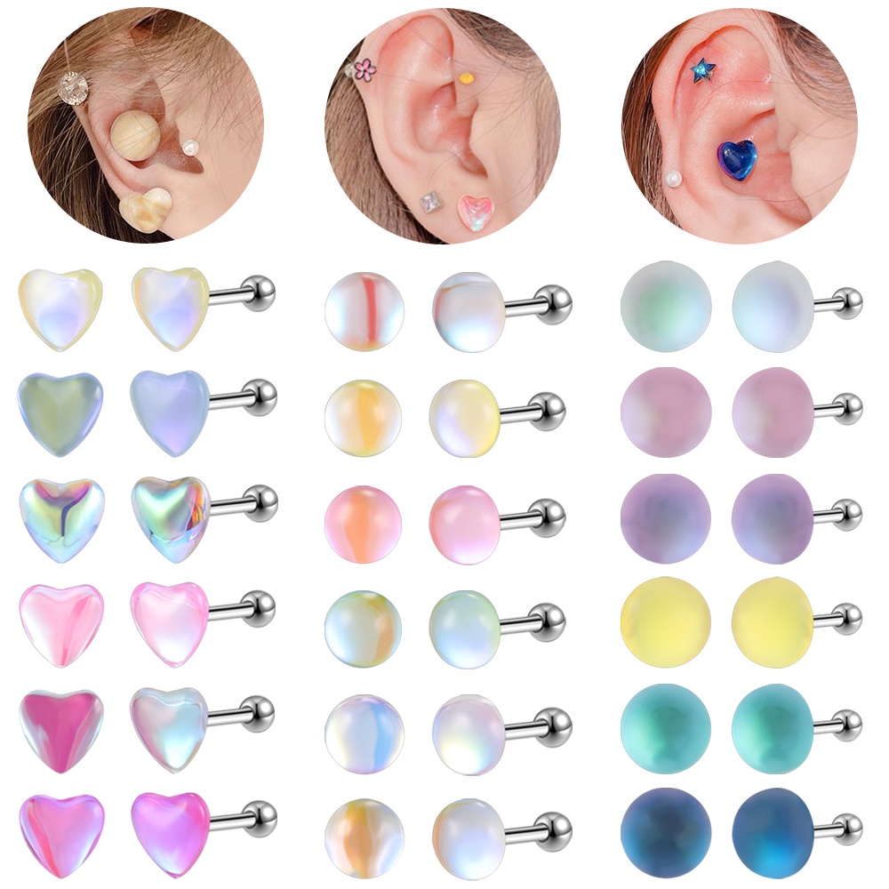 1 PC Stainless Steel Heart Crystal Stud Earrings Colorful Frosted Ball ...