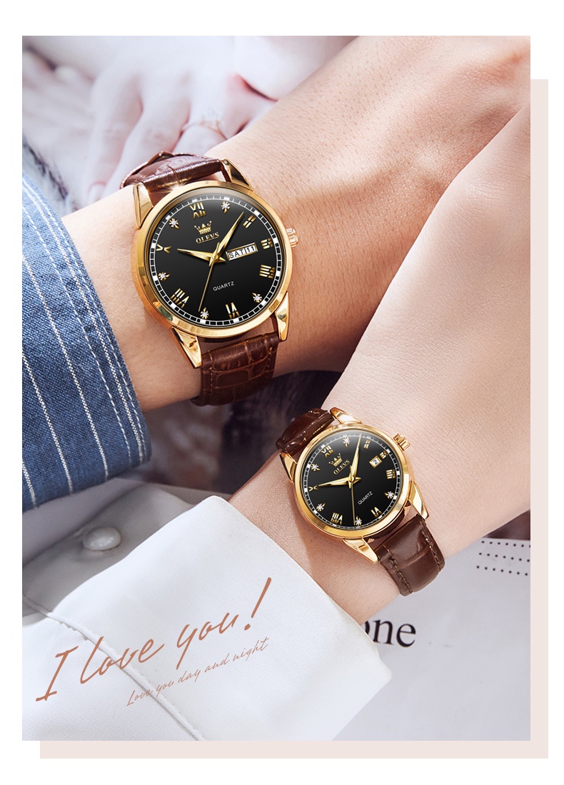 Olevs Couple Watch Waterproof Original Leather Strap For Men And Women ...