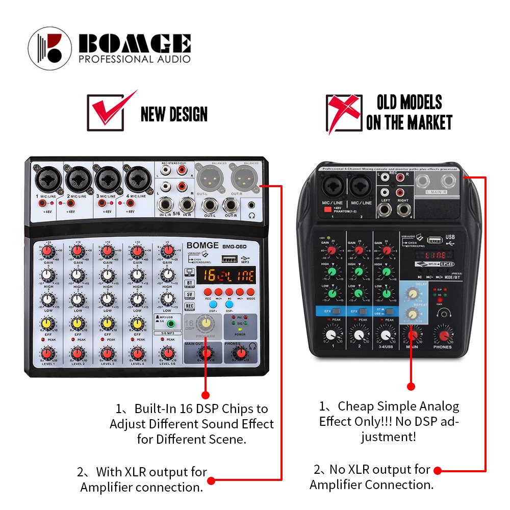 BOMGE 6 channel dj audio mixer with MP3 USB Bluetooth,48V phantom power, 5V power supply,16 DSP ...