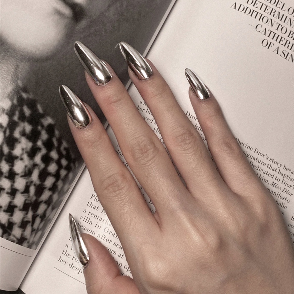 24PCS Metal Silver Fake Nails Long Pointed Head Sweet Style Artificial ...