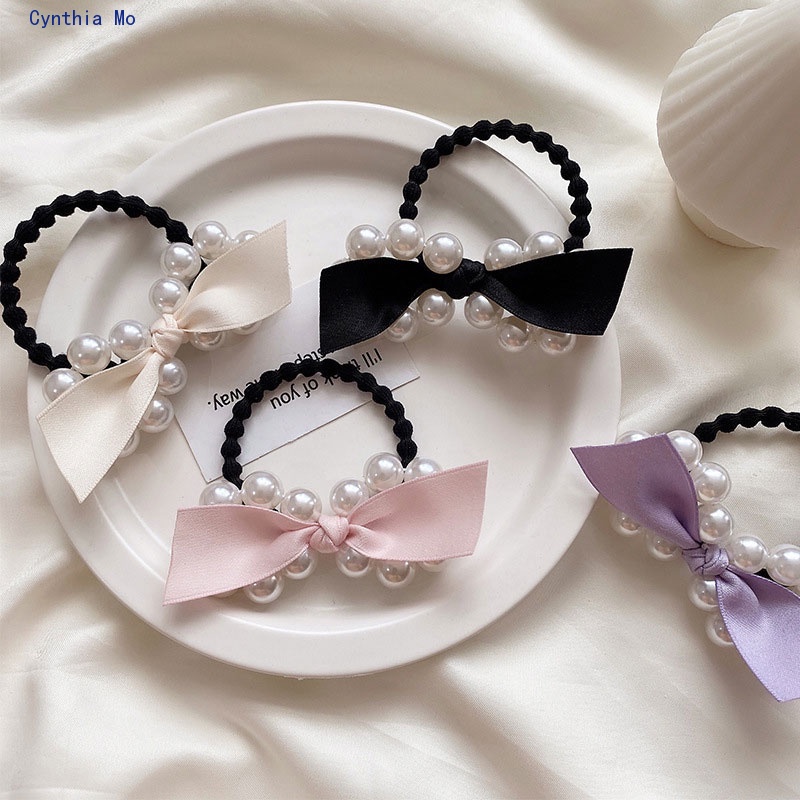 Korean Fashion Bow Hair Band Pearl Hair Band High Elastic Girl Ponytail ...