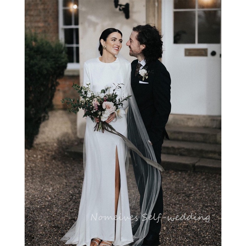 Long Sleeve Waist Closing Shows Thin Acetate Satin Bride Light Wedding ...