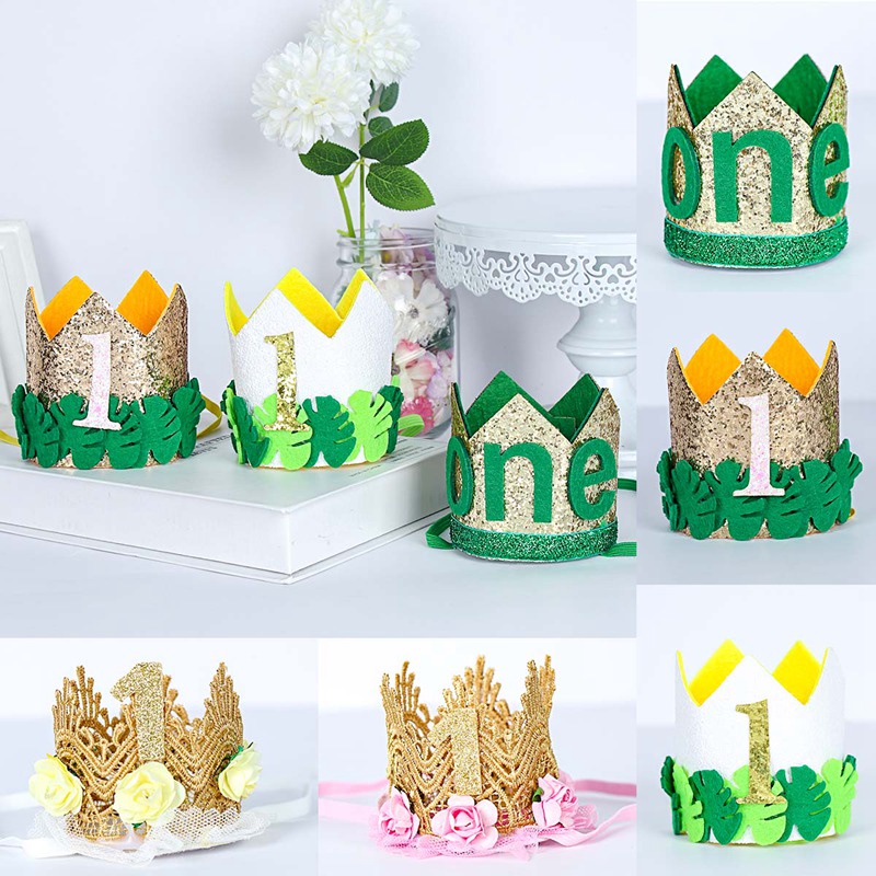 1st Birthday Crown Hat for Baby Boy Girl, Jungle Safari Green Number ...