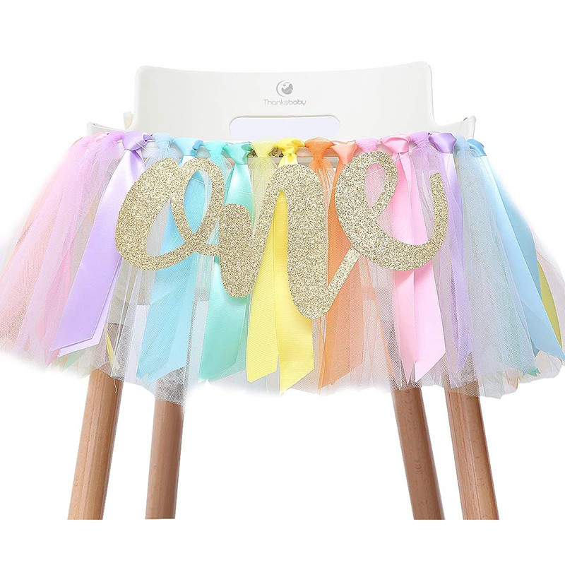 Rainbow High Chair Banner for Baby 1st Birthday One Pennant and Table ...