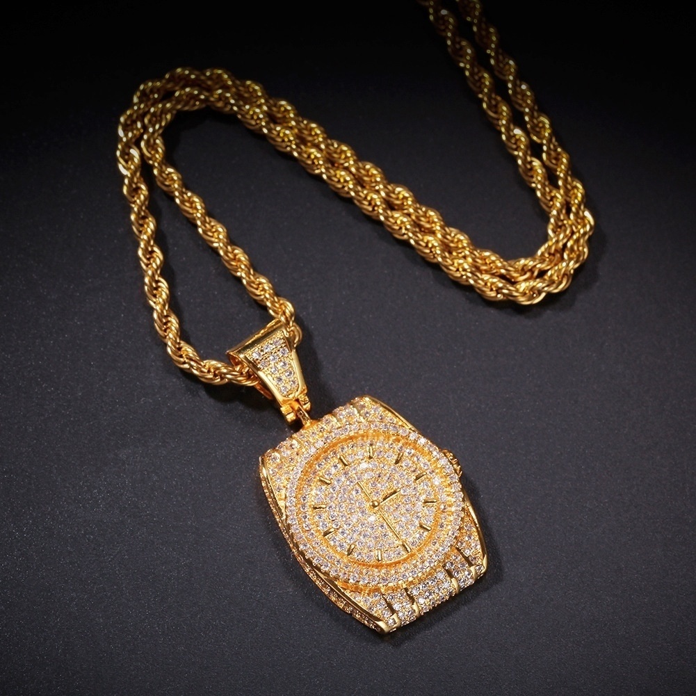 Men's Diamond Necklace 18k Gold Watch Pendant Necklace Zircon Dial ...