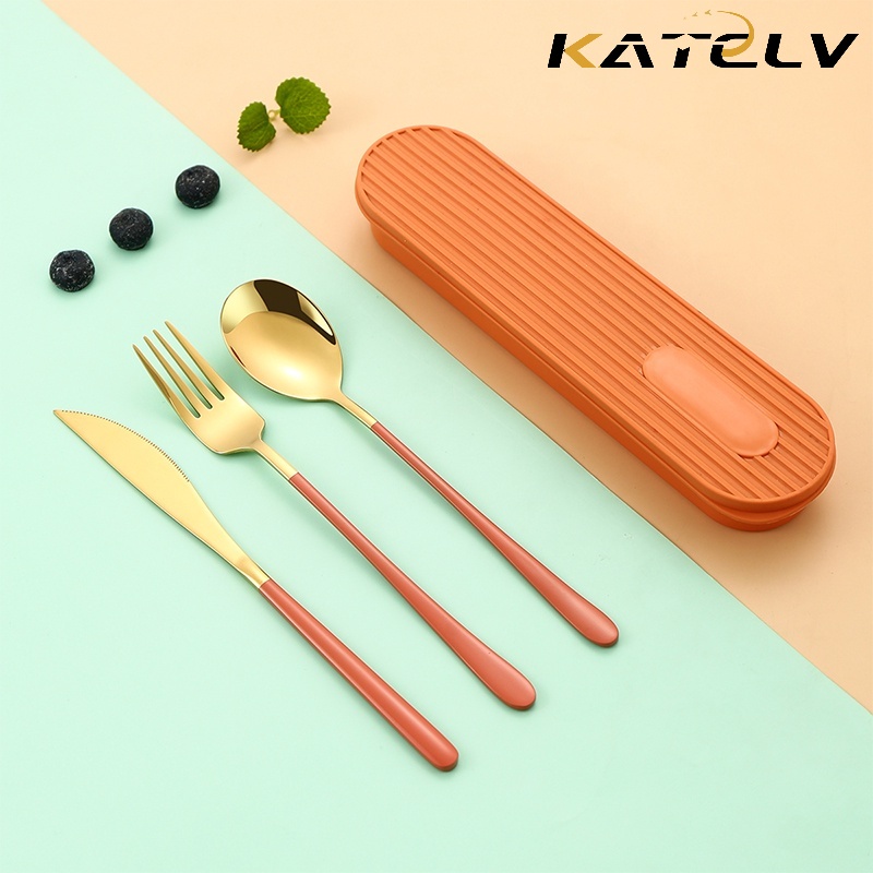 KATELV 3 Pcs/Set Cutlery Set Spoon And Fork Knife Orange Flatware With ...