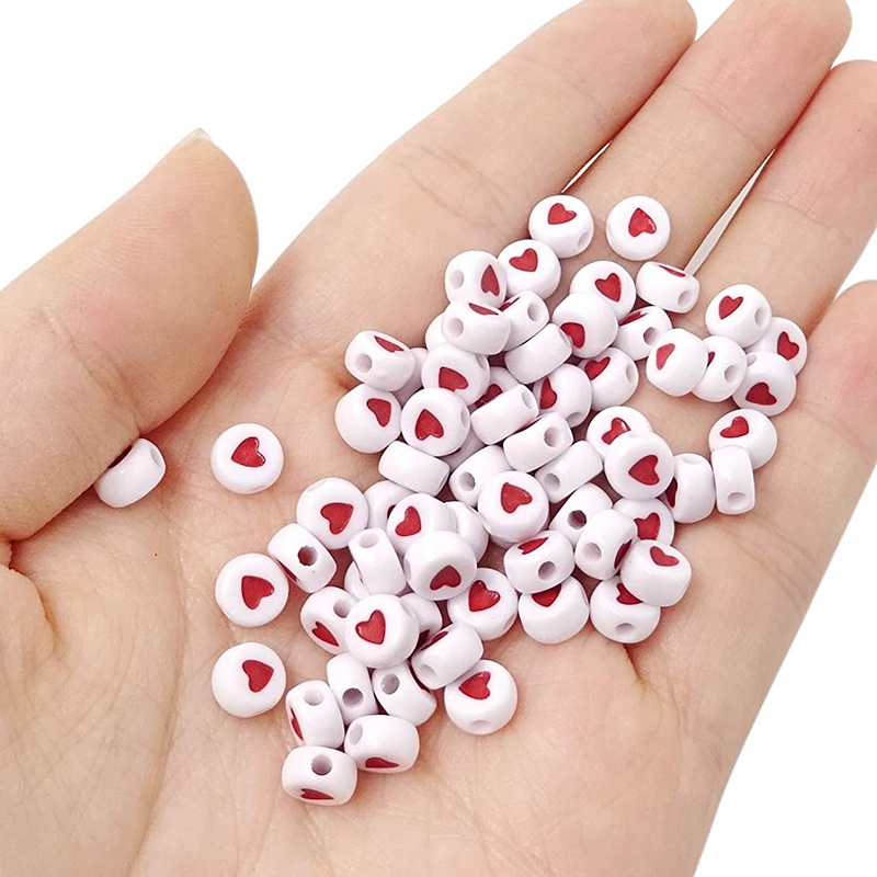 100pcs Love Red Heart Beads Flat Round Plastic Spacer Loose Beads for ...