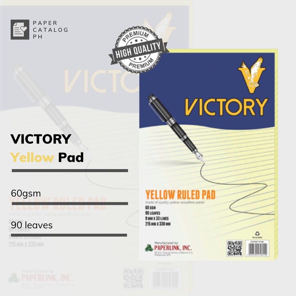 VICTORY Yellow Pad Paper (64gsm) (90 Leaves) 10pads/pack | Shopee ...
