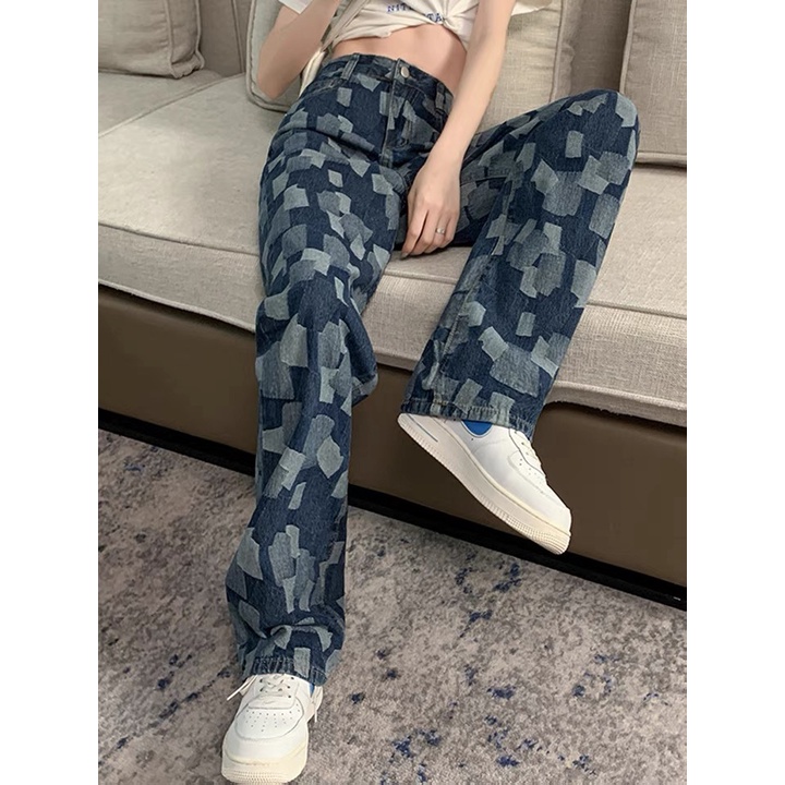 Korean's Fashion Hard Denim Tooling Style Blue Plaid Cube Print High ...