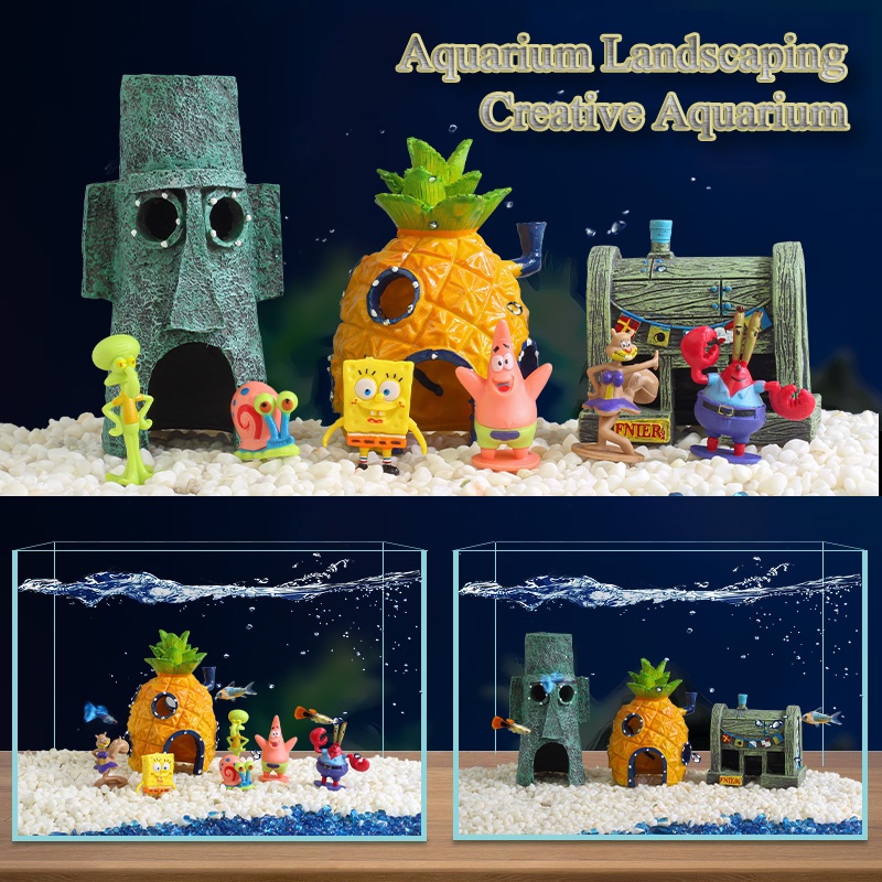Mini SpongeBob Fish Tank Aquarium Accessories Pineapple House Squidward ...