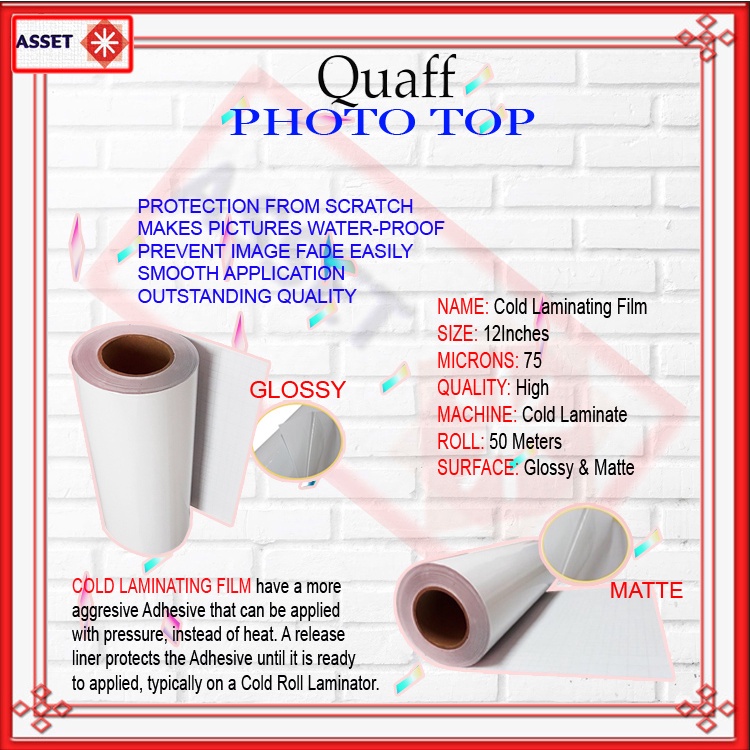 QUAFF COLD LAMINATING FILM/PHOTO TOP ROLL 12INCHES MATTE & GLOSSY ...