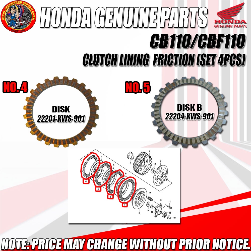 CB110/CBF110 CLUTCH LINING FRICTION SET (HPI) (Genuine: 22204-KWS-901 / ...