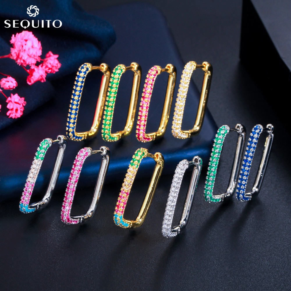 SEQUITO Fashion Popular Rectangular Multi Color CZ Crystal Huggie Hoop ...