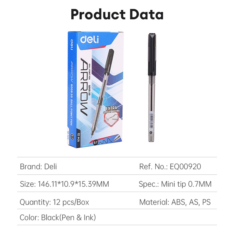 Deli EQ00820 Ballpen Black 0.5/0.7mm Ballpoint Pen Writing Stationery ...