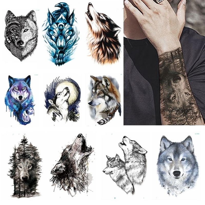 Wolf Series Flower Arm Tattoo Stickers Man Cool Temporary Tattoo ...