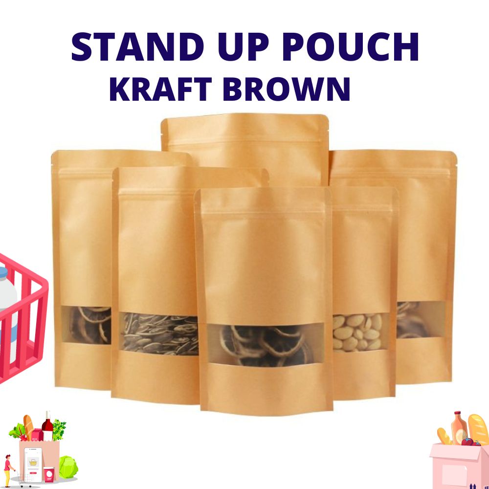 (10 Pcs) Stand Up Pouch Brown Kraft Aluminum Foil Window Zip Lock Bag ...