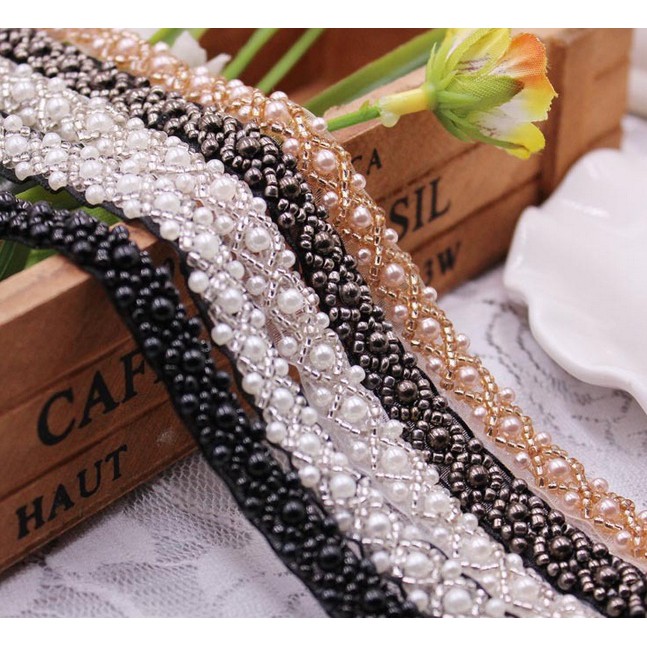 1 Yard Pearl Beaded Lace Trim Wedding Dress Belt Bridal Sash Trims ...