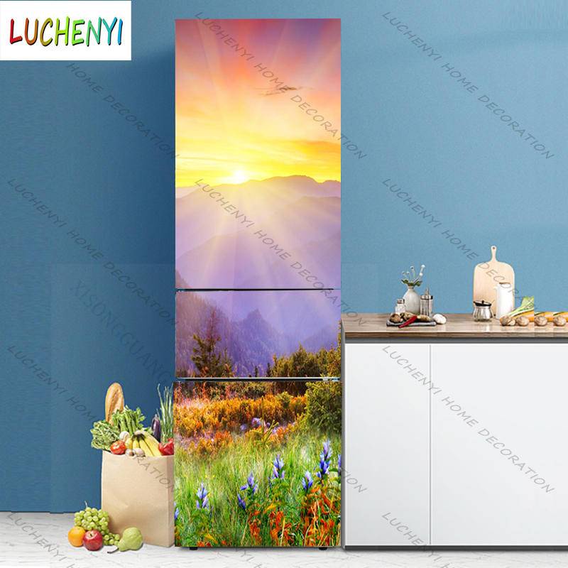 3D self-adhesive refrigerator flowers sunset sunset grass mountain ...