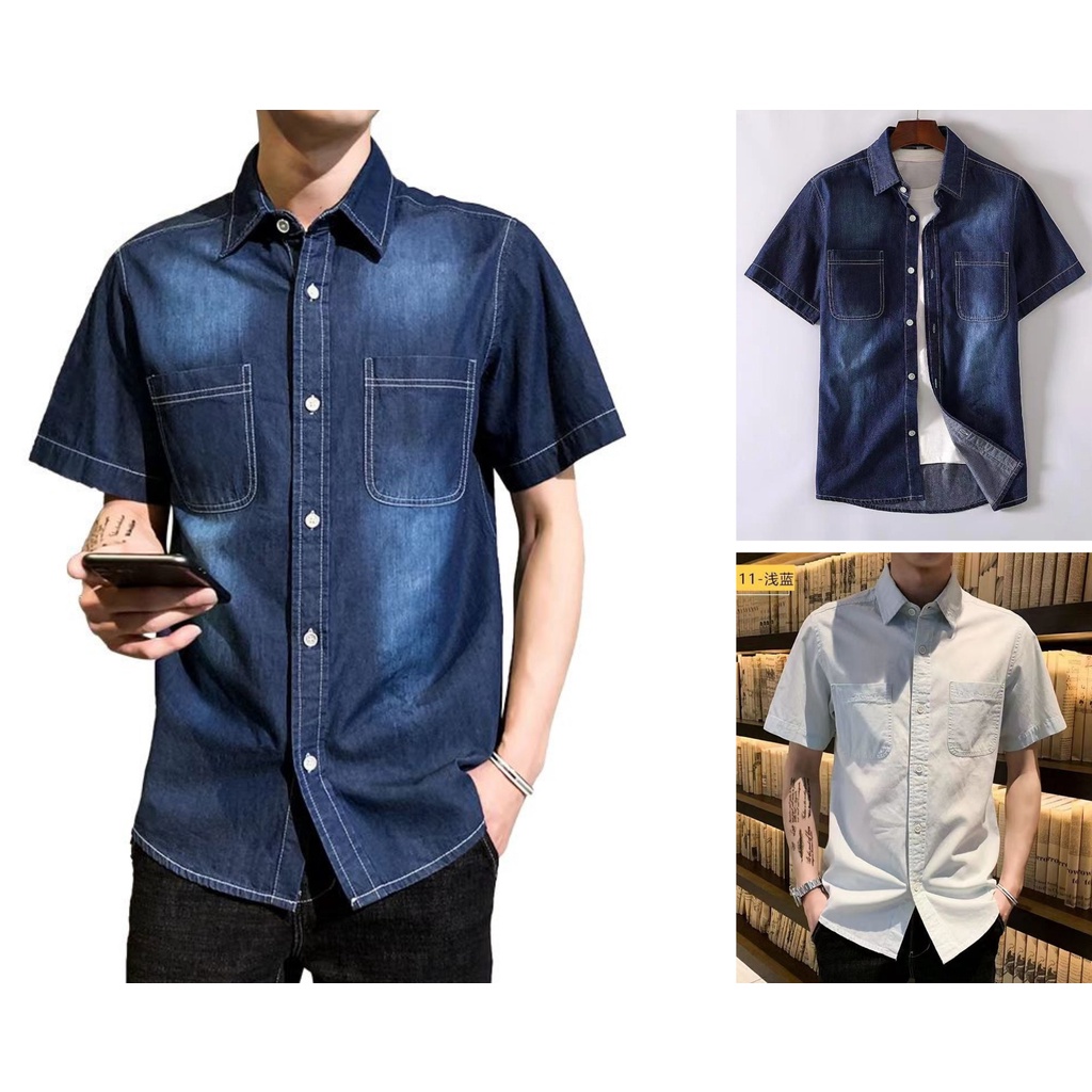 Men's Short Sleeve Denim Shirts Thin Lapel Polo Shirts T-Shirt | Shopee ...