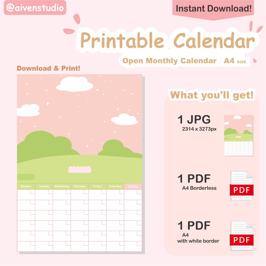 aivenstudio Cute Printable Open monthly calendar A4 | Shopee Philippines