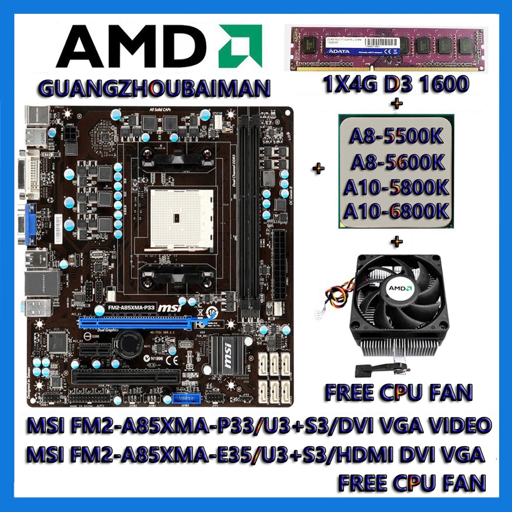 Used bundle MSI FM2-A85XMA-P33 Motherboard Micro-ATX +1x4G ddr3 RAM +AMD socket FM2 A8 5500 CPU ...