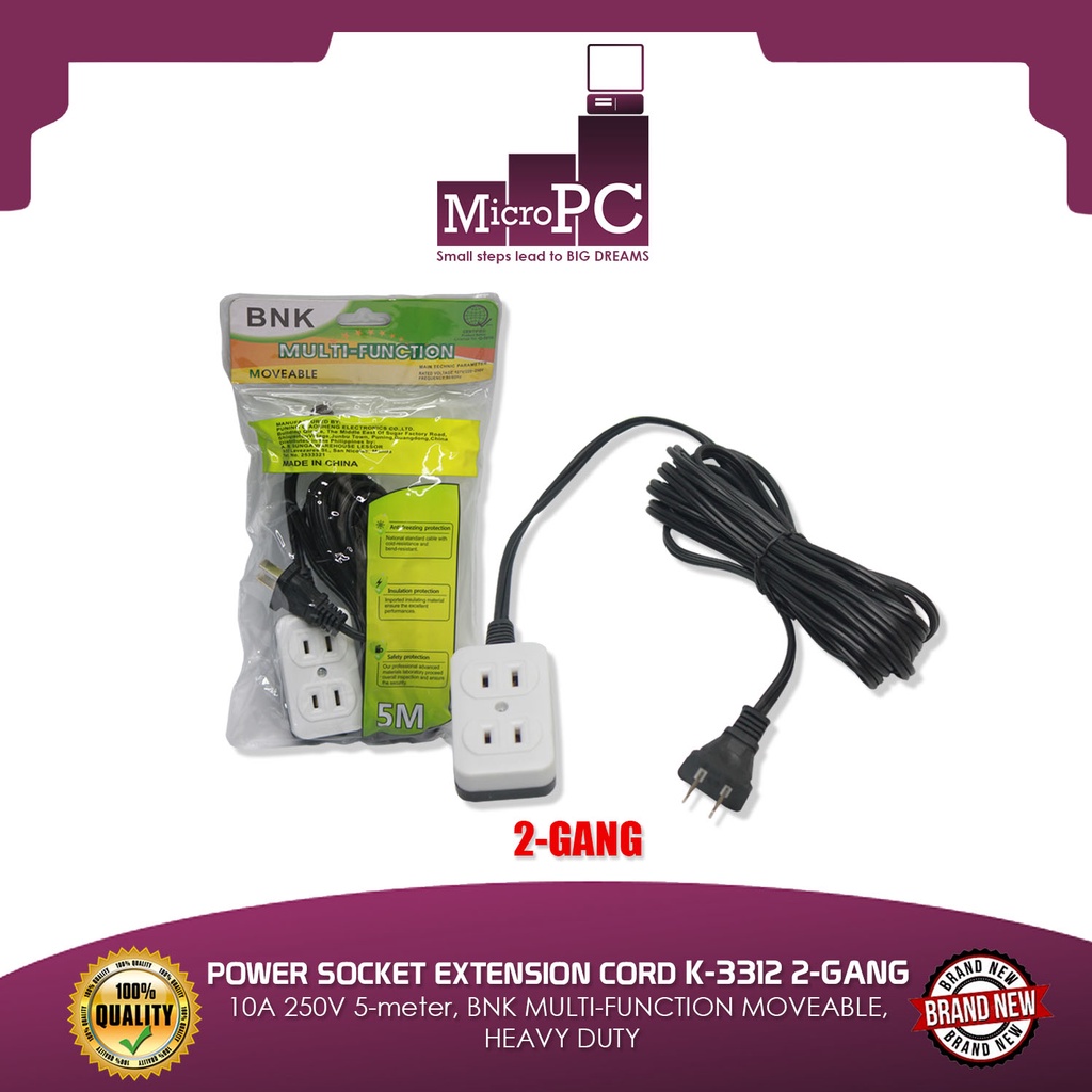 POWER SOCKET EXTENSION CORD, K-3312 2-GANG 10A 250V 5-meter, BNK MULTI ...