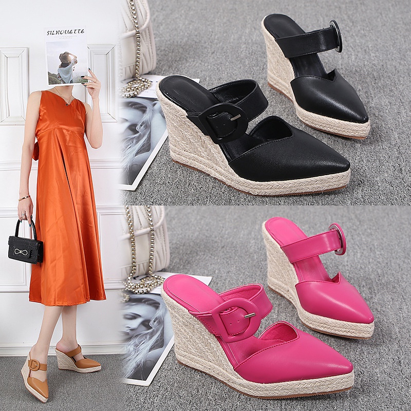 Women Pointed Toe PU Niche Design Espadrilles Party Solid Wedge Heel ...