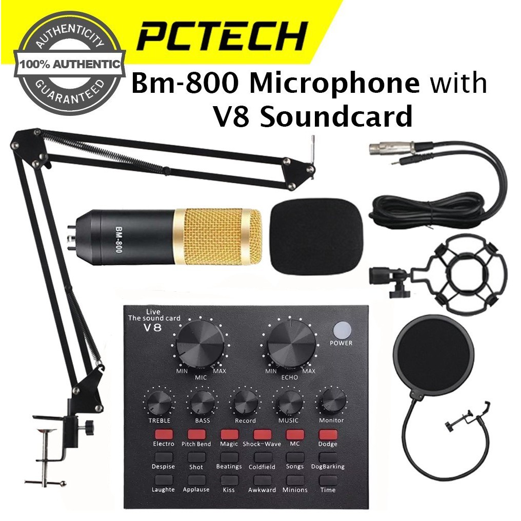 Popcorn BM-800 Condenser Microphone Set with V8 Sound Card for Studio Recording Streaming Gaming ...