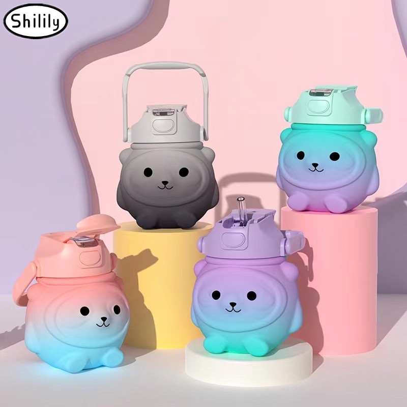Shilily 1000ml Cute Bear Motivational Water Bottle W/ Time Marker Straw ...