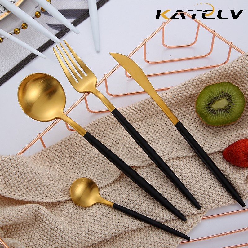 KATELV 18/10 Stainless Steel Cutlery Set Black Gold Tableware Korean ...