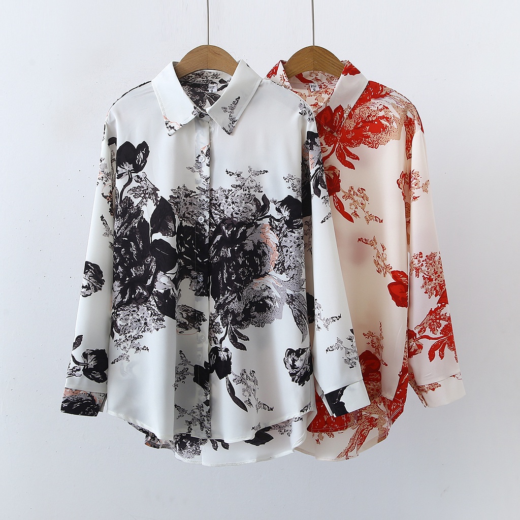 Duolin Women Korean Version Retro Simple Printing Long-Sleeve Satin ...