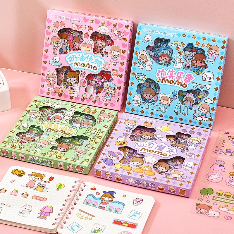100 Sheets/Box Cute Girl Cartoon Stickers Handbook Stickers Transparent ...