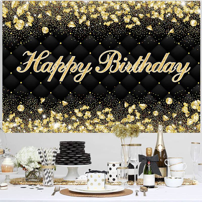 1.5*1M Gold Glitter Grid Happy Birthday Backdrop Banner Dark Blue Black ...