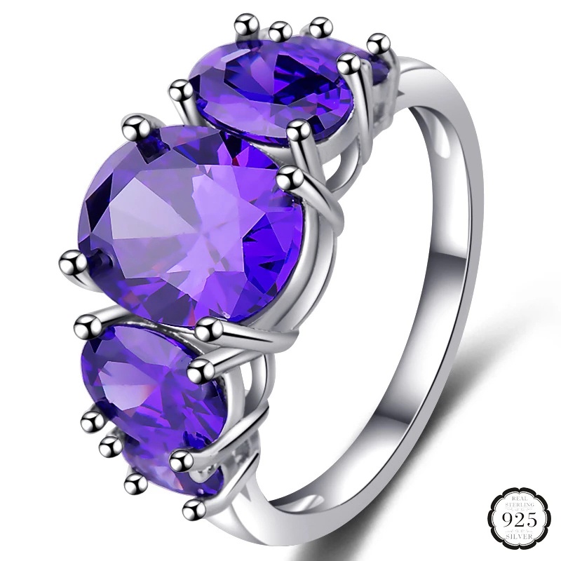 Trendy Rings 925 Silver Jewelry Oval Shaped Amethyst Gemstones Female ...