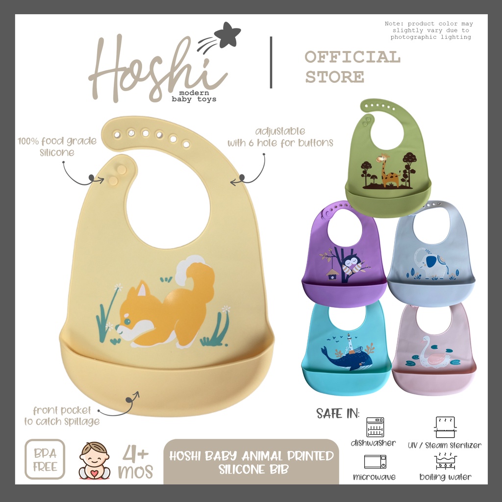 Hoshi Baby Comfy Animal Printed Bib, 100% Food Grade Silicone, BPA Free ...