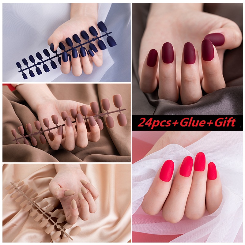 【With Glue】24 Pcs Fake Nails Matte Frosted Nail Patch Fake Nail tools ...