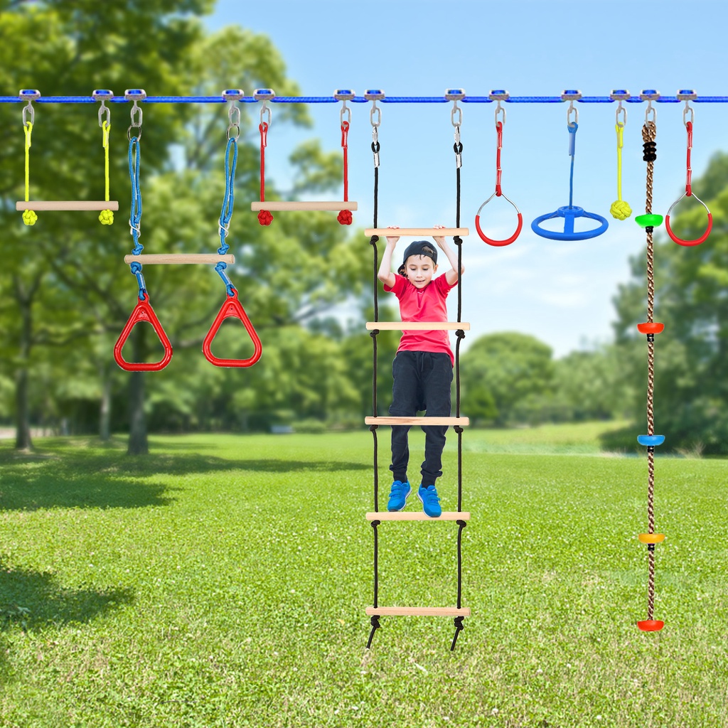 Outdoor Wooden Swing Rope Ladder with 2 Hooks Kids Climbing Obstacle ...