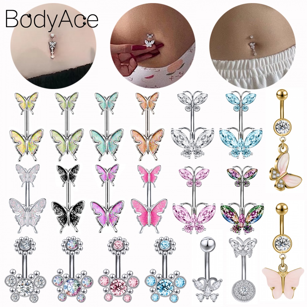 Bodyace Butterfly Navel Rings Silver Belly Button Rings Stainless Steel Navel Rings Crystal ...