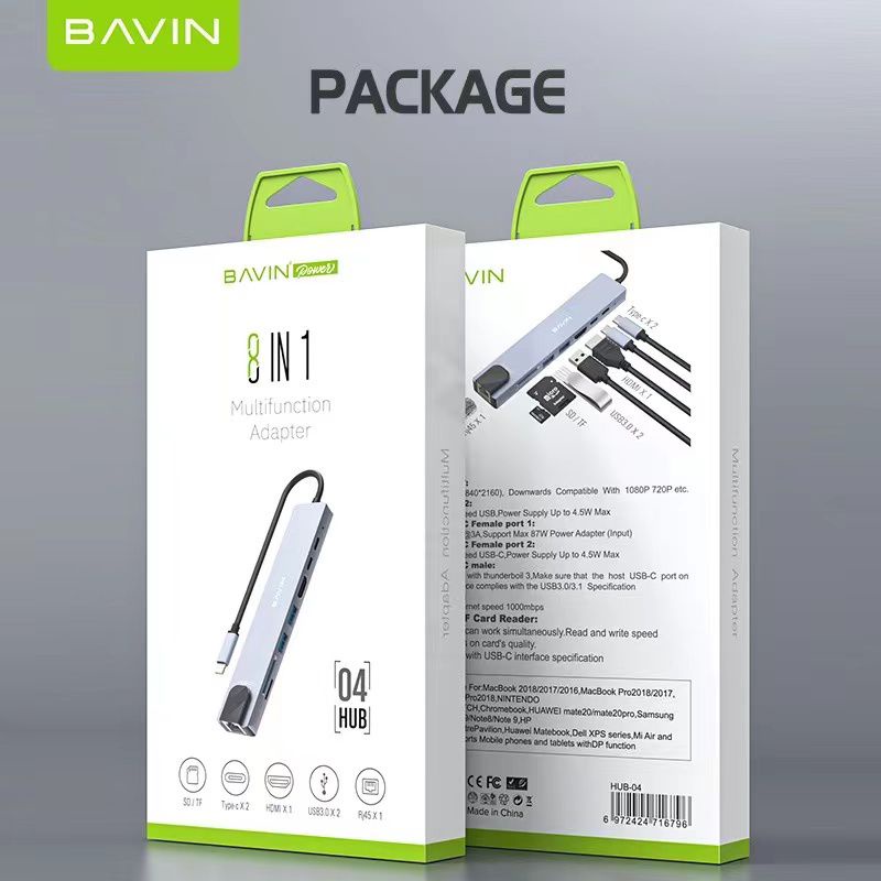 BAVIN 8 in 1 USB Hub-04 Type-C Adapter w/ Rj45 Port /4K HDMI Port /2x ...